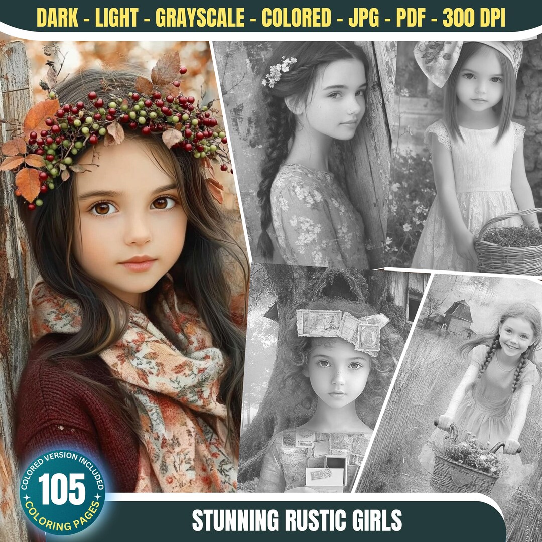Stunning Rustic Girls: 105 Coloring Pages for Adults Instant Download ...