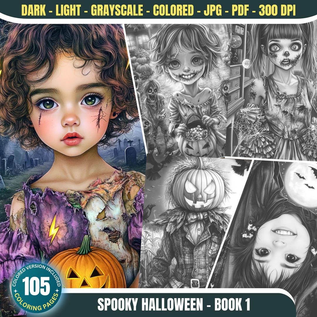 Spooky Halloween Book 1: 105 Coloring Pages for Adults and Kids Instant ...