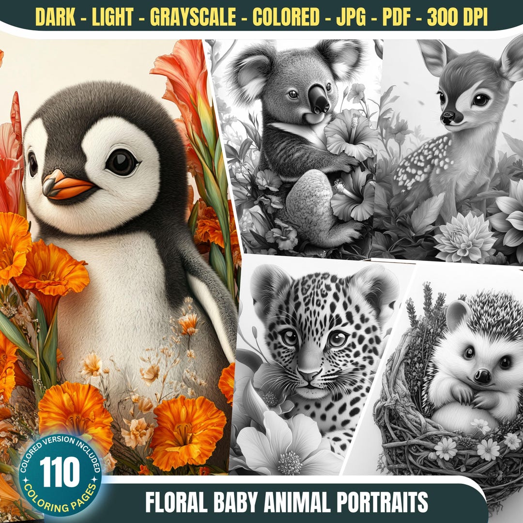 Floral Baby Animal Portraits: 110 Coloring Pages Mega Bundle for Adults ...