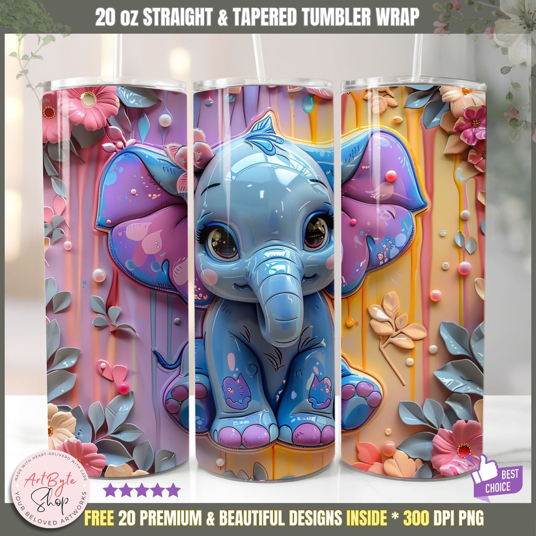 3D Inflated Baby Elephant 20oz Skinny Tumbler Wrap Sublimation Design ...