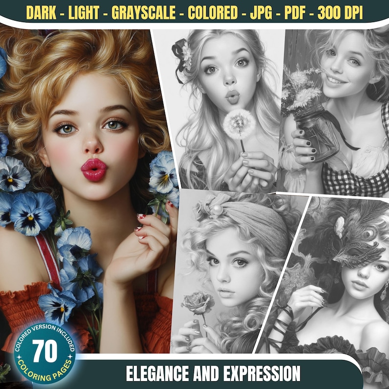 Elegance and Expression: 70 Coloring Pages for Adults Instant Download ...