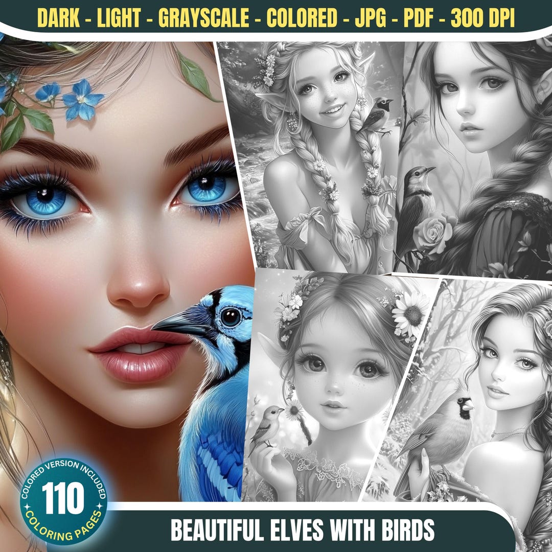 Beautiful Elves With Birds: 110 Coloring Pages for Adults and Kids ...