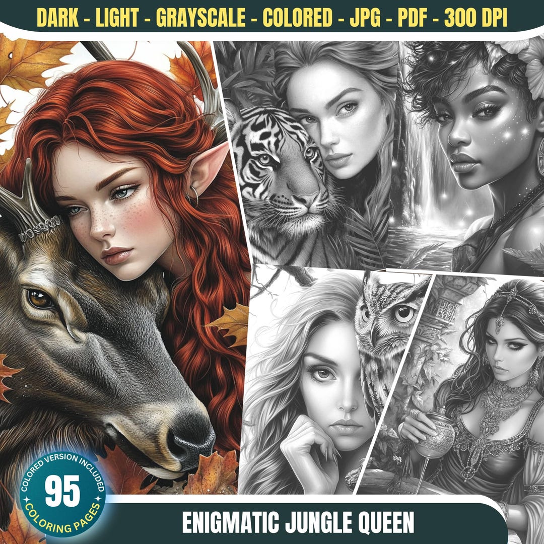Enigmatic Jungle Queen: 95 Coloring Pages for Adults and Kids Instant ...
