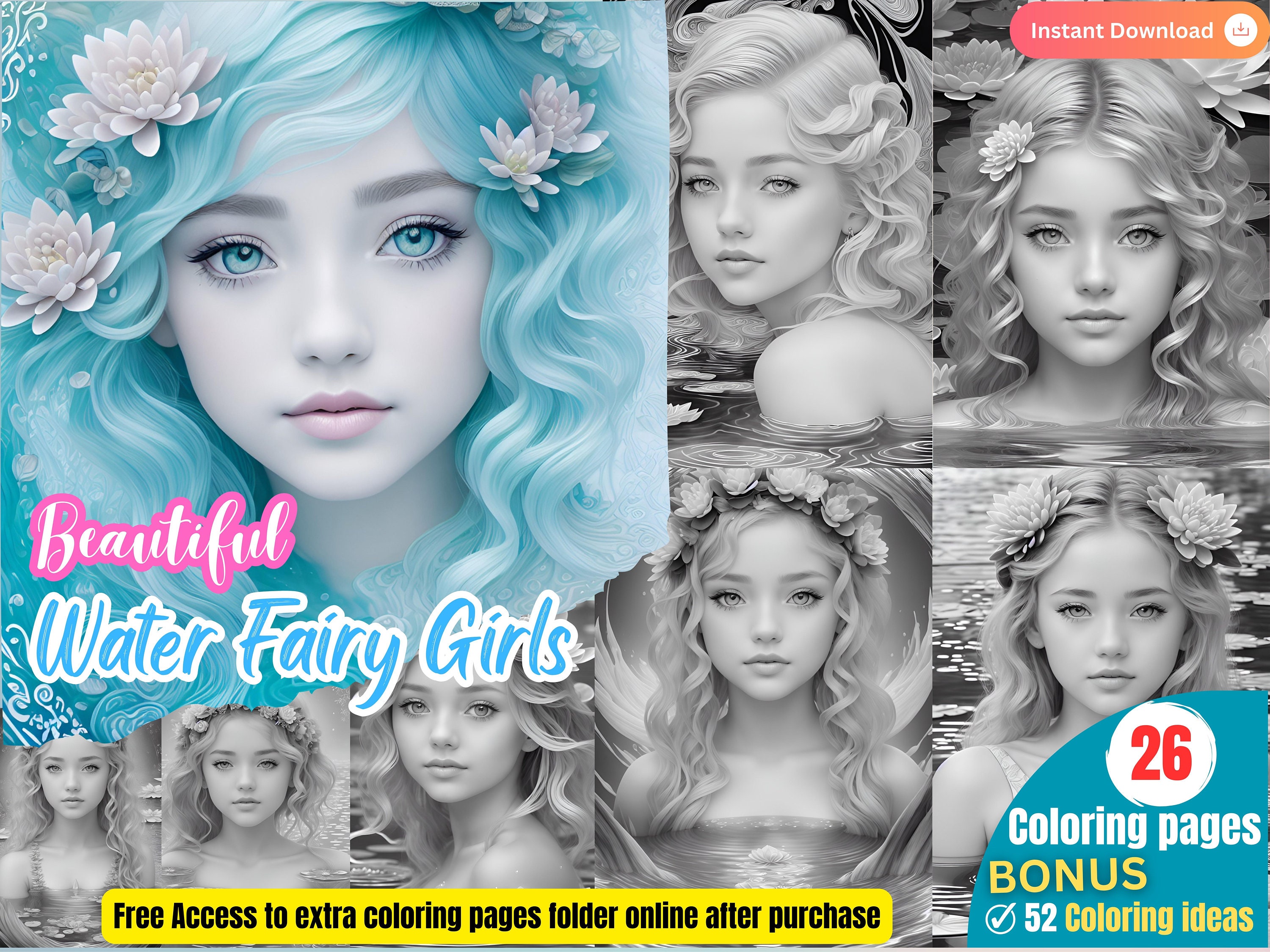 26 Water Fairy Girls Coloring Pages Coloring Book for Kids and - Etsy