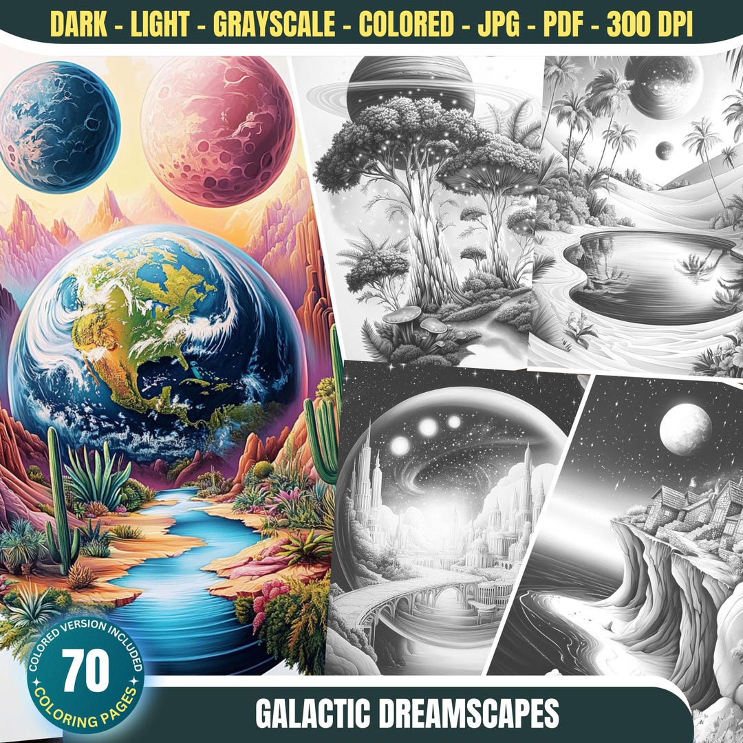 Galactic Dreamscapes: 70 Coloring Pages for Adults and Kids Instant ...