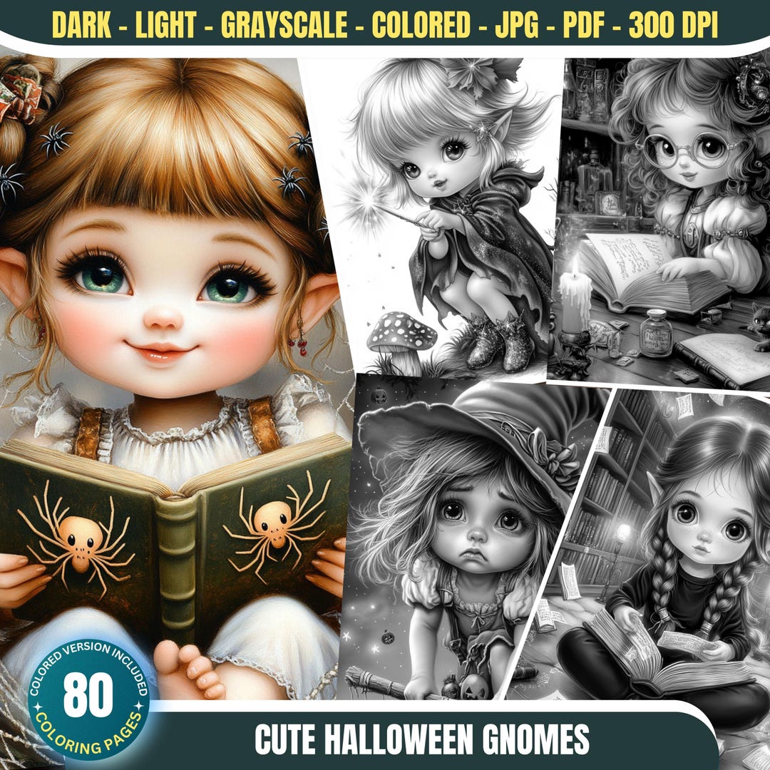 Cute Halloween Gnomes: 80 Coloring Pages for Adults and Kids Instant ...