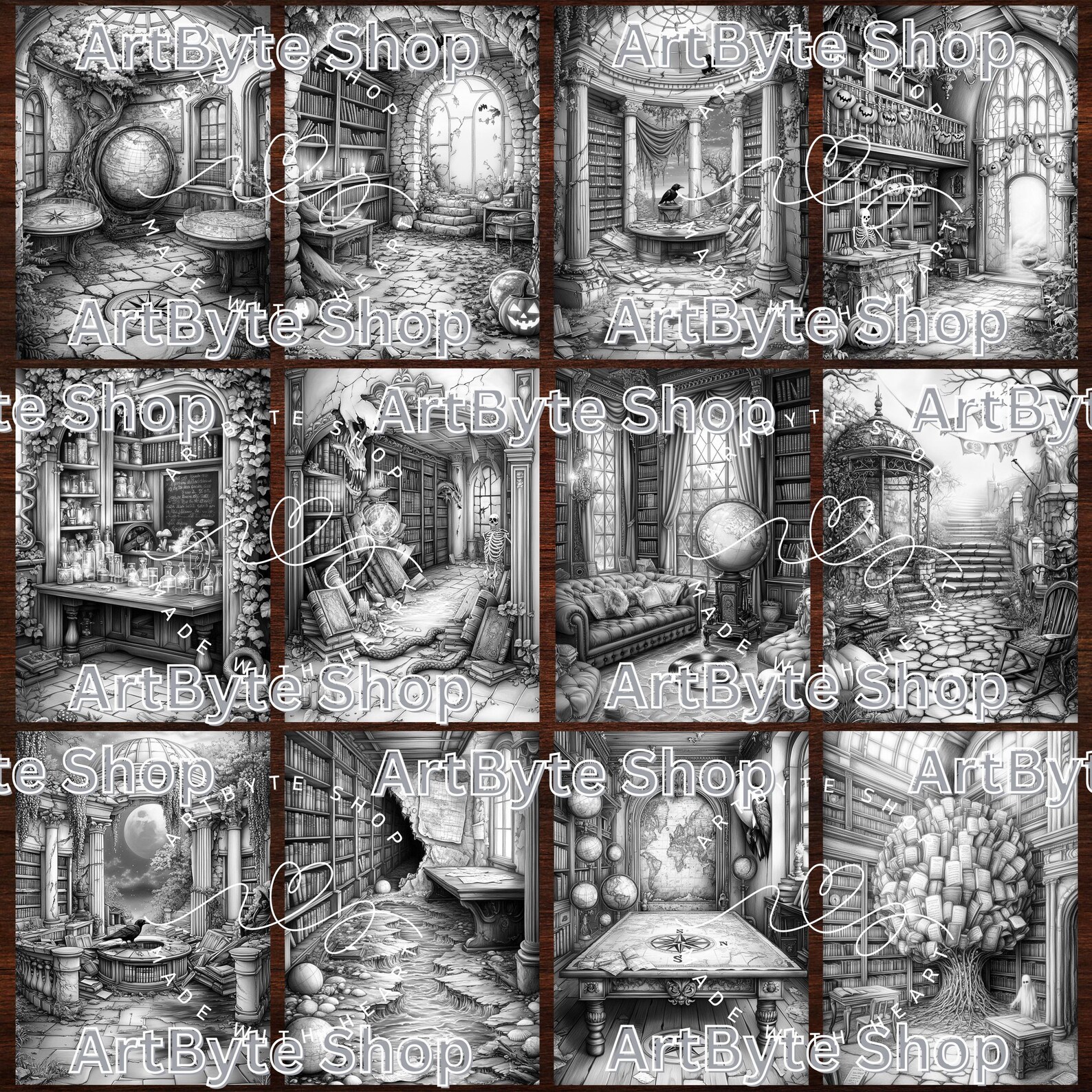Haunted Abandoned Library: 100 Halloween Coloring Pages for Adults and ...