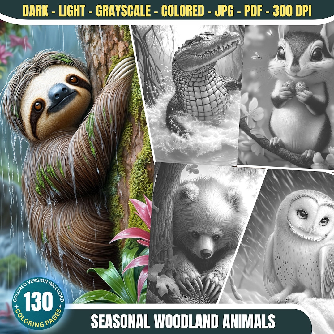Seasonal Woodland Animals: 130 Coloring Pages for Adults Grayscale ...