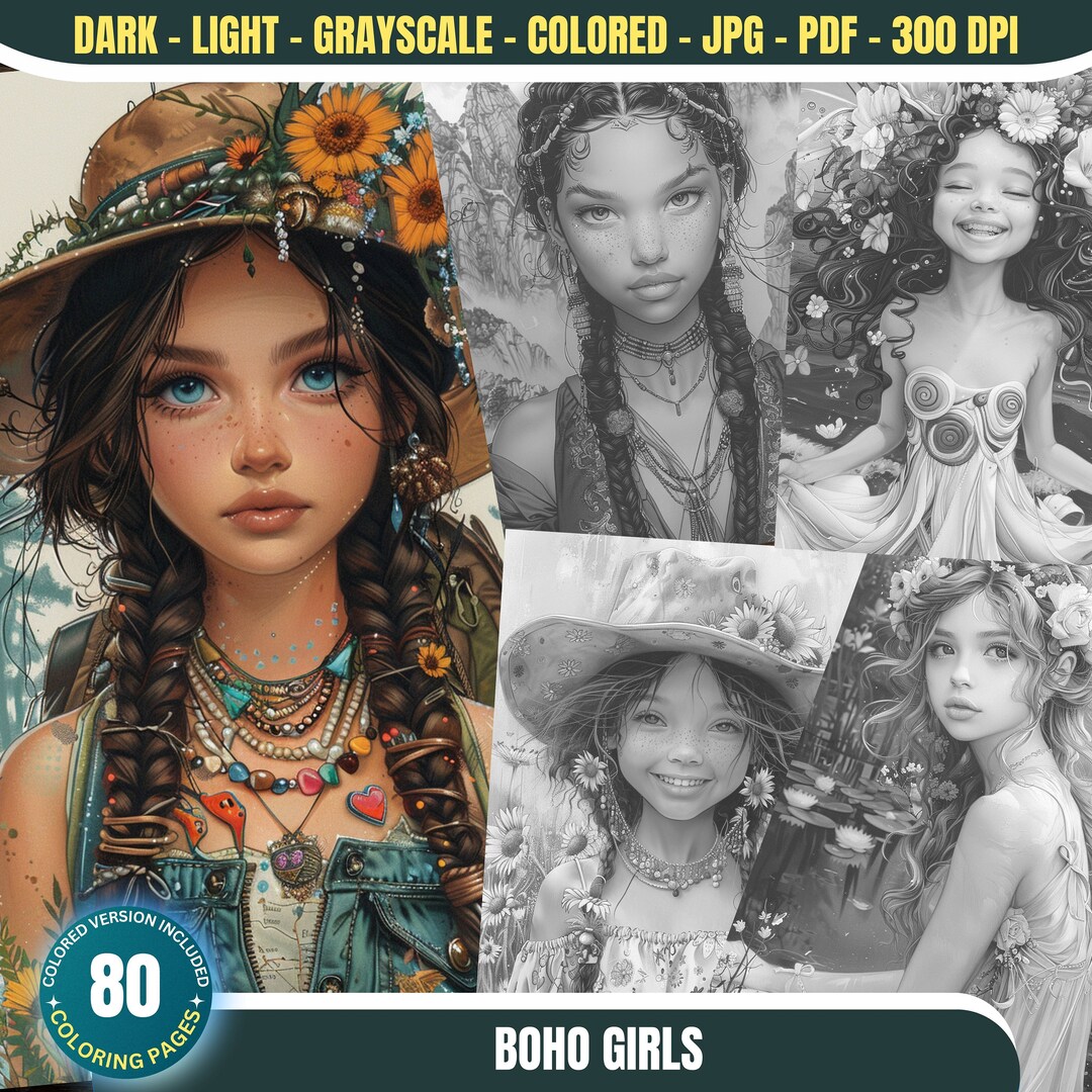 Boho Girls: 80 Coloring Pages for Adults and Kids Instant Download ...