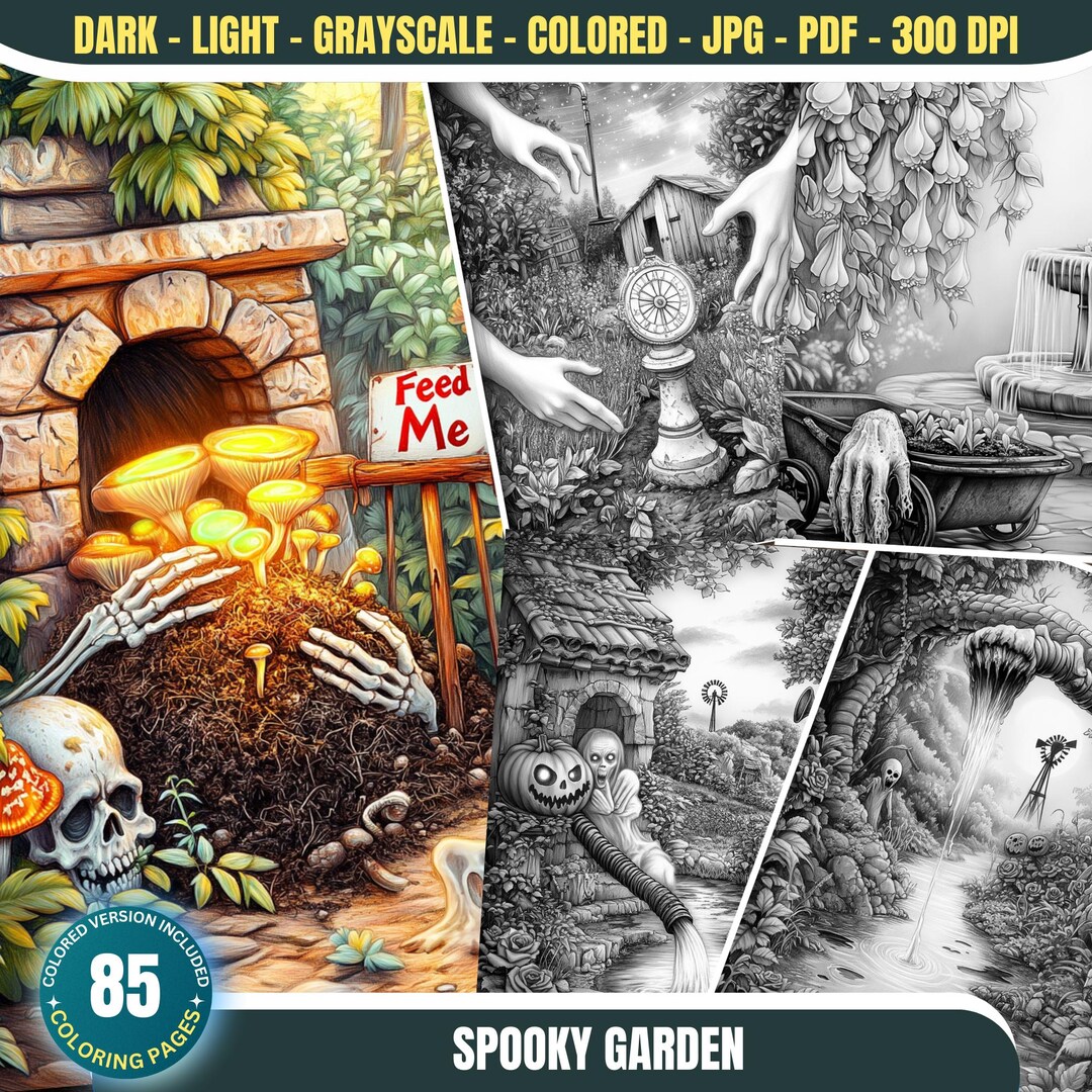 Spooky Garden: 85 Coloring Pages for Adults and Kids Instant Download ...