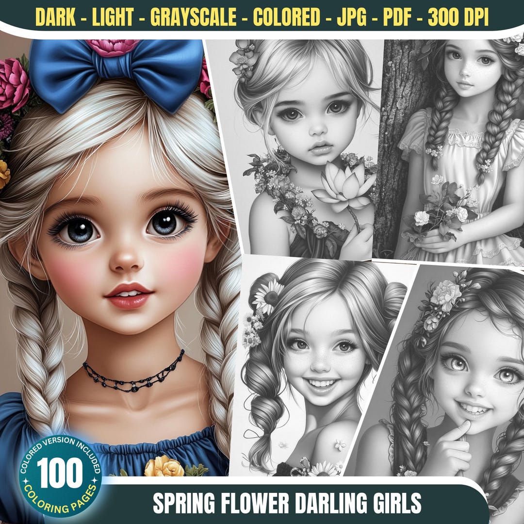 Spring Flower Darling Girls: 100 Coloring Pages for Adults and Kids ...