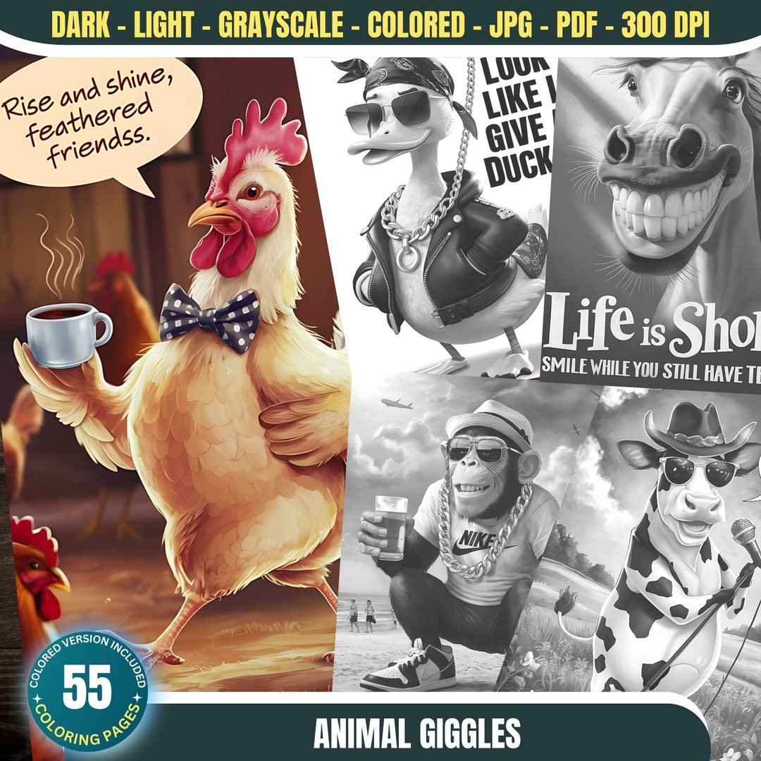 Animal Giggles- 55 Funny Animals Coloring Pages Bundle for Adults and ...