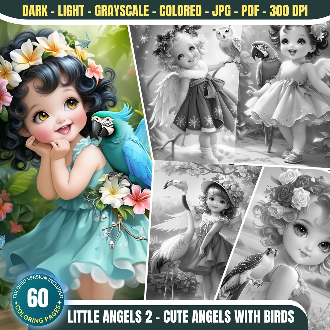 Little Angels 2 - Cute Angels With Birds: 60 Coloring Pages for Adults ...