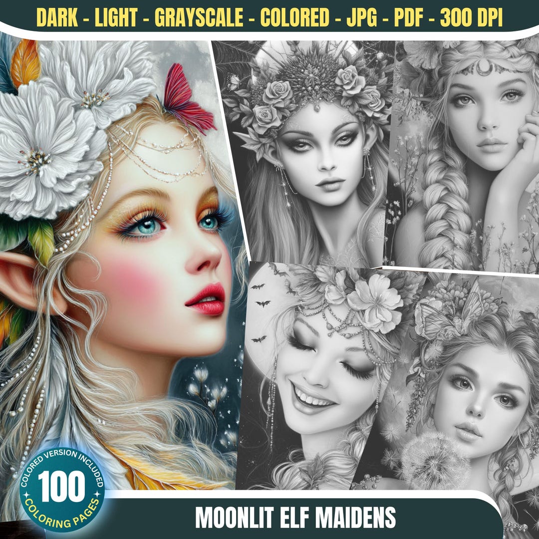 Moonlit Elf Maidens: 100 Coloring Pages for Adults and Kids Instant ...