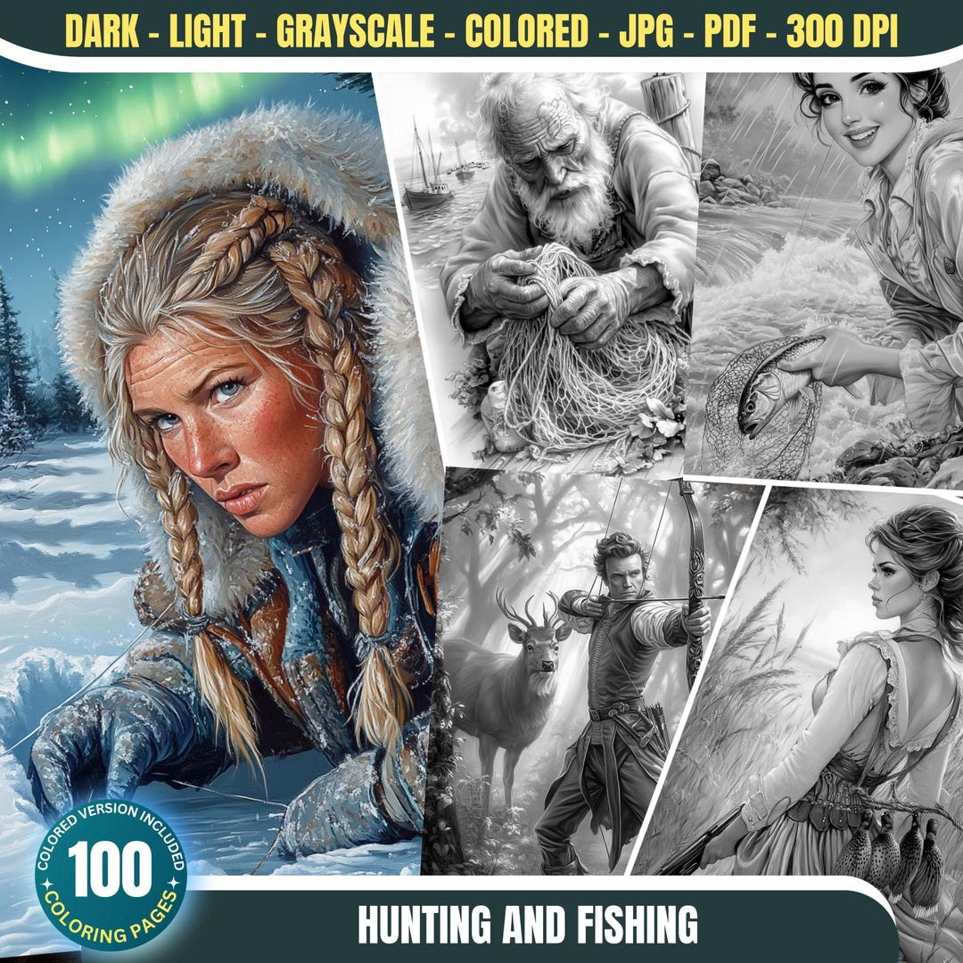 Hunting and Fishing: 100 Coloring Pages for Adults and Kids Instant ...