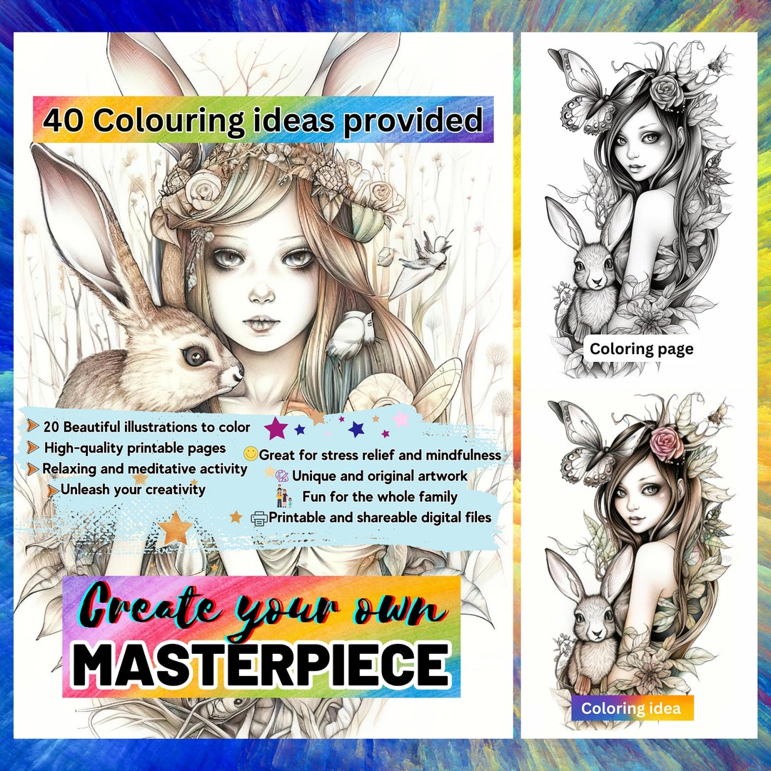 Delicate Forest Fairy Girls Coloring Page With Bunnies for Fantasy ...