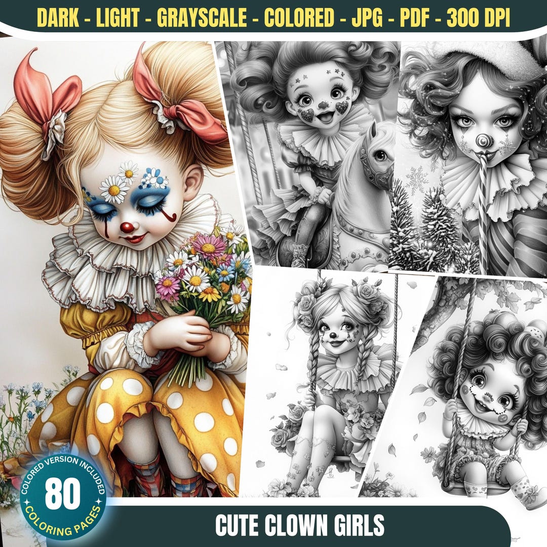 Cute Clown Girls: 80 Coloring Pages for Adults and Kids Instant ...