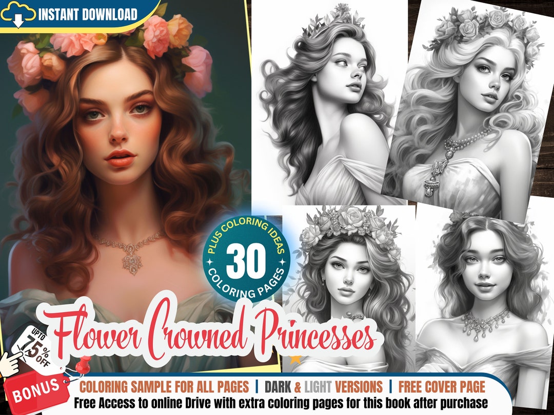 30 Flower Crowned Princesses Coloring Pages for Adults and Kids ...