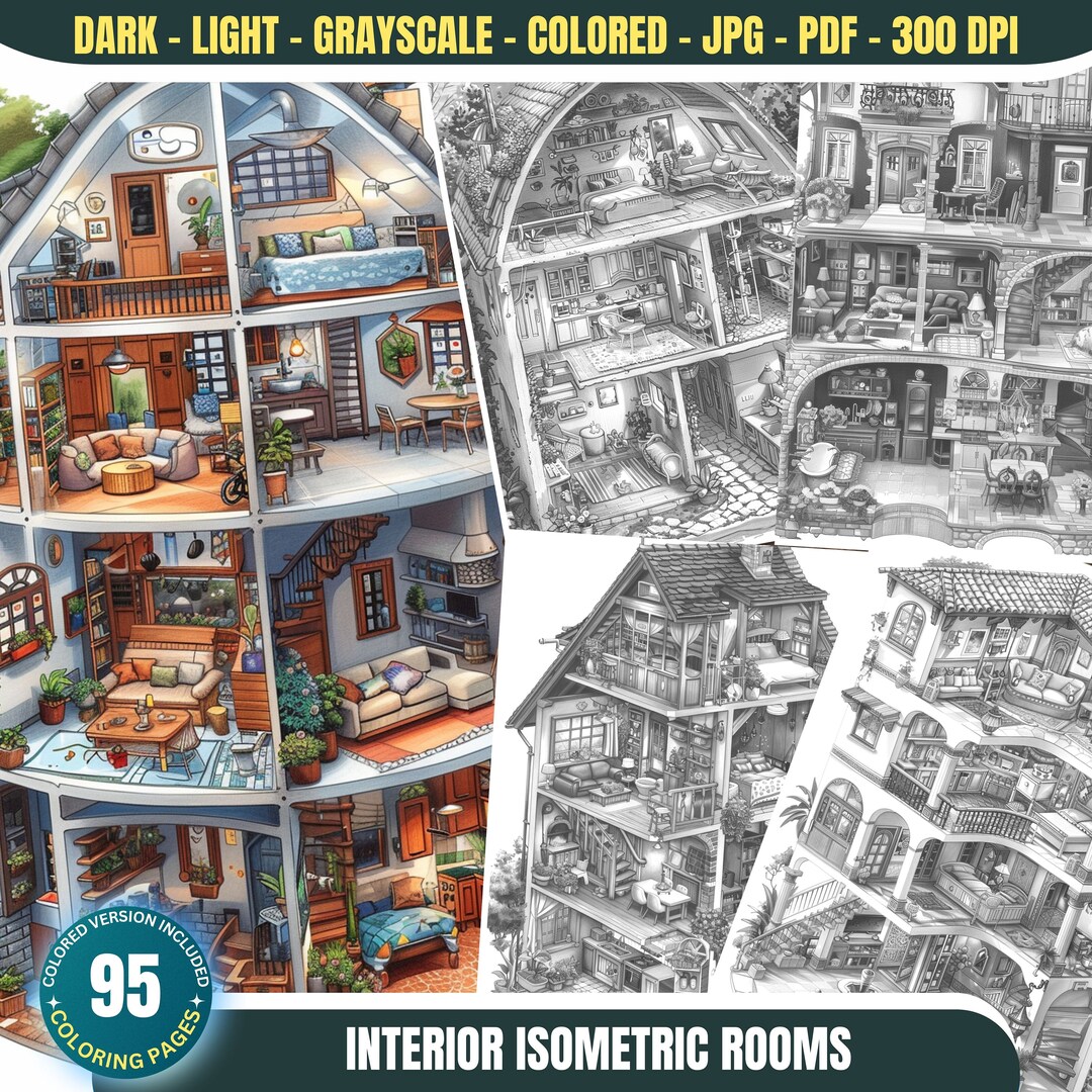 Interior Isometric Rooms: 95 Coloring Pages for Adults and Kids Instant ...