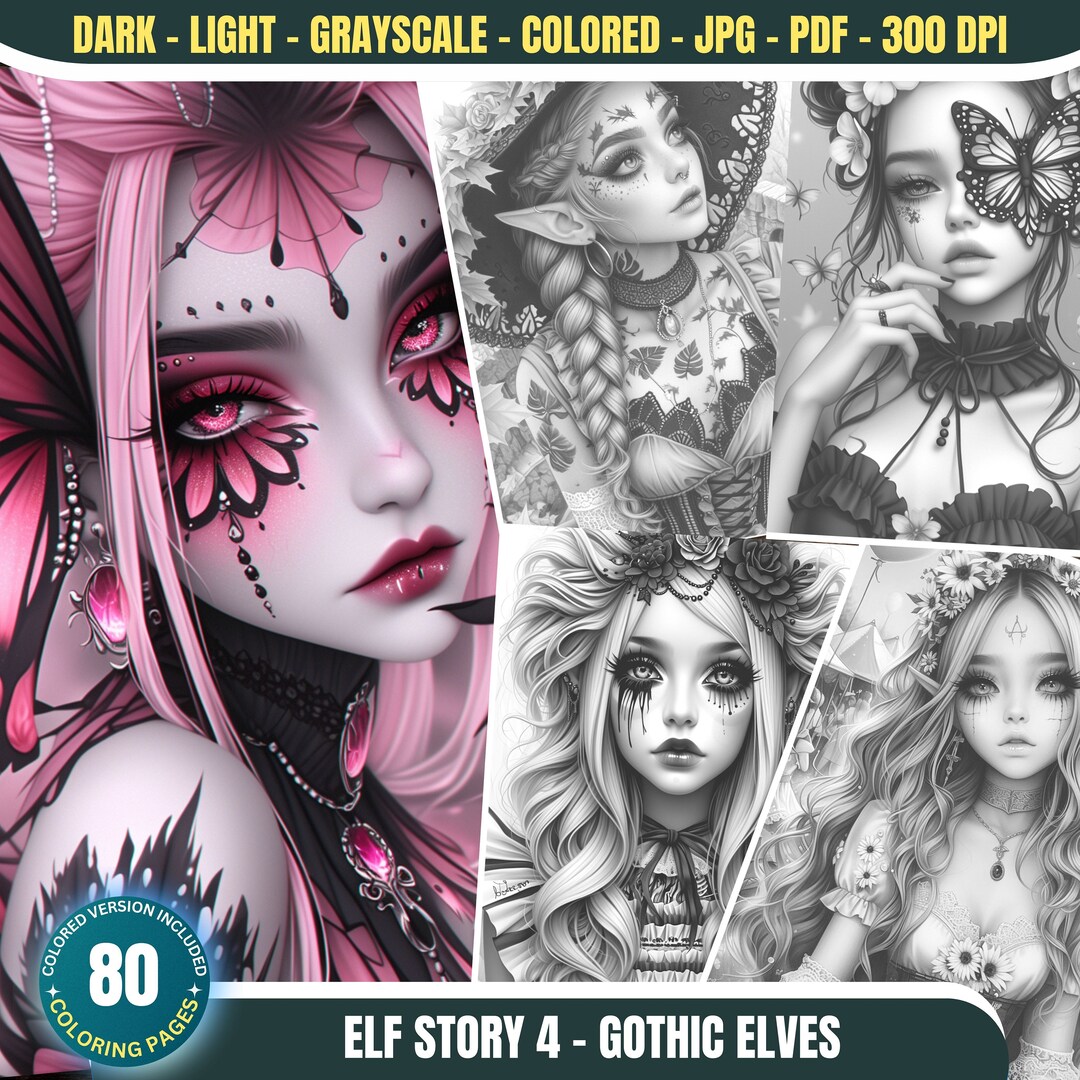 Elf Story 4 - Gothic Elves : 80 Gothic Elf Coloring Pages for Adults ...