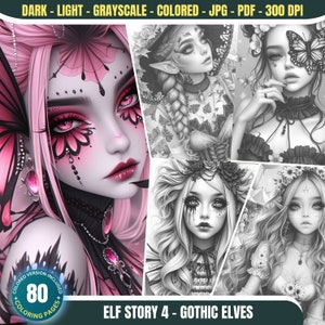 Elf Story 4 - Gothic Elves : 80 Gothic Elf Coloring Pages for Adults and Kids Instant Download ...