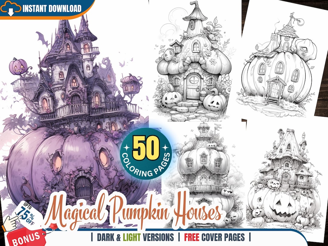 50 Magical Pumpkin Houses Coloring Pages for Adults + Kids Instant ...