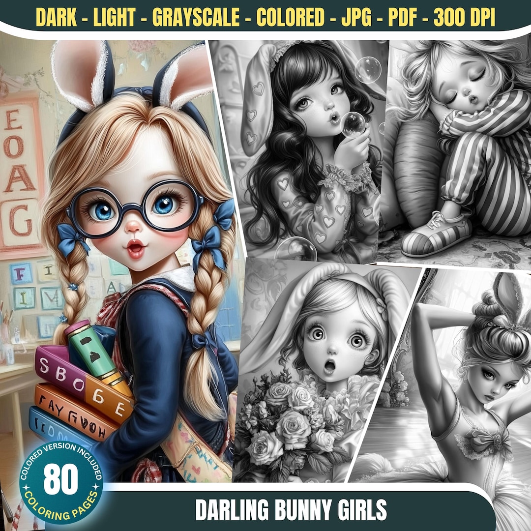 Darling Bunny Girls: 80 Coloring Pages for Adults and Kids Instant ...