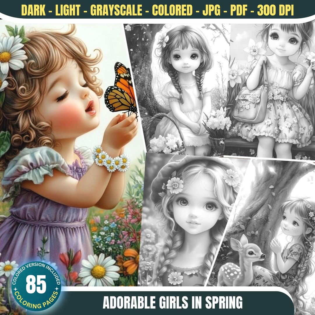 Adorable Girls in Spring: 85 Coloring Pages for Adults Instant Download ...