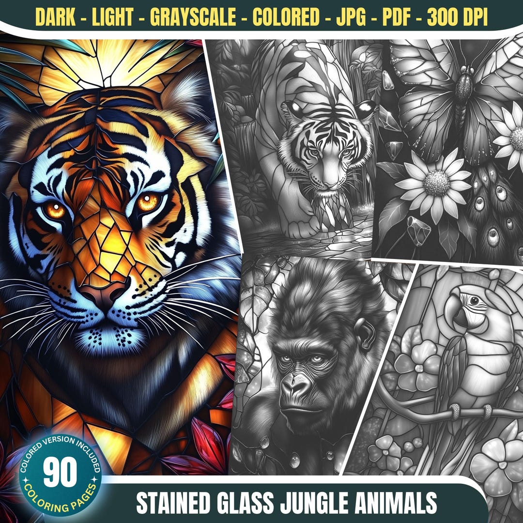 Stained Glass Jungle Animals: 80 Coloring Pages for Adults Grayscale ...