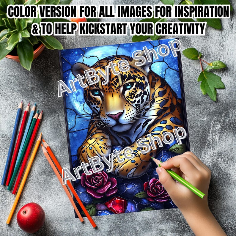 Stained Glass Jungle Animals: 80 Coloring Pages for Adults Grayscale ...