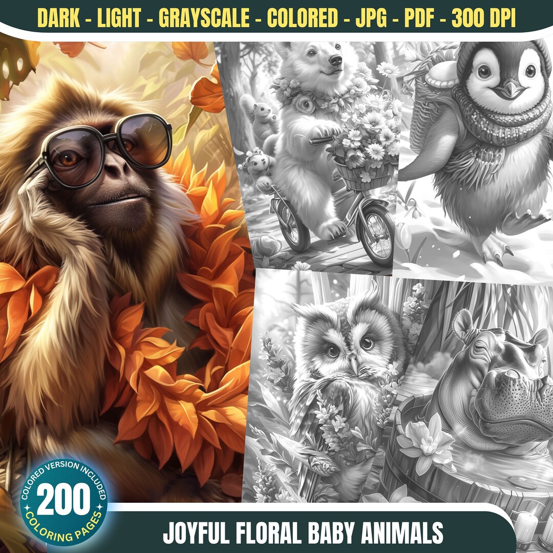200 Joyful Floral Baby Animals Coloring Pages Mega Bundle for Adults ...
