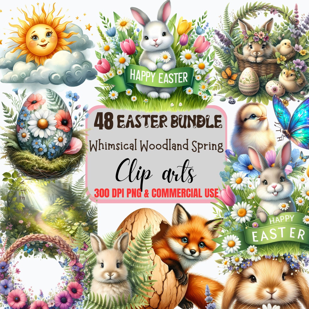 48 Watercolor Easter Clipart Bundle Whimsical Woodland Spring Clip Art ...
