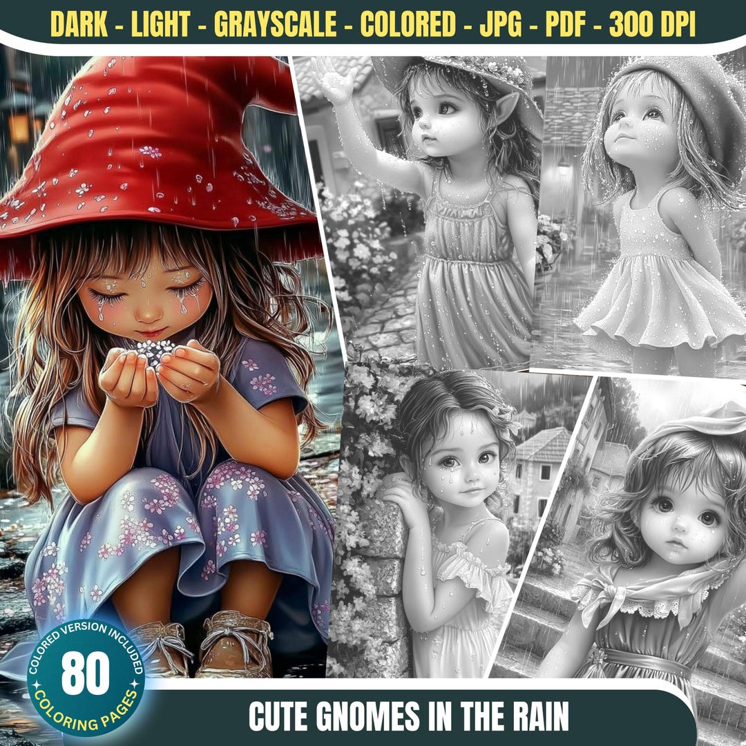 Cute Gnomes in the Rain: 80 Coloring Pages for Adults and Kids Instant ...