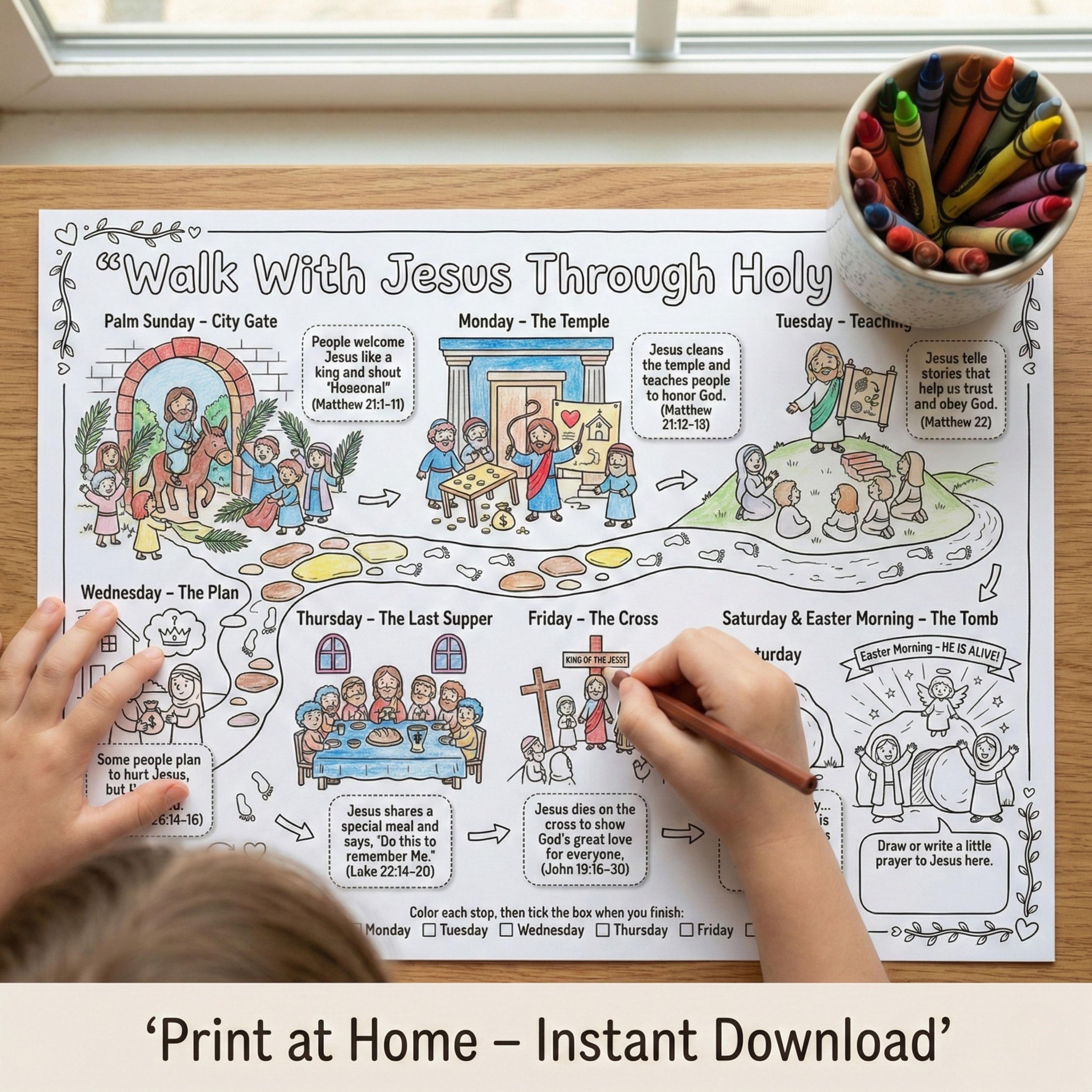Holy Week Coloring Page Printable, Walk With Jesus | Christian Easter ...