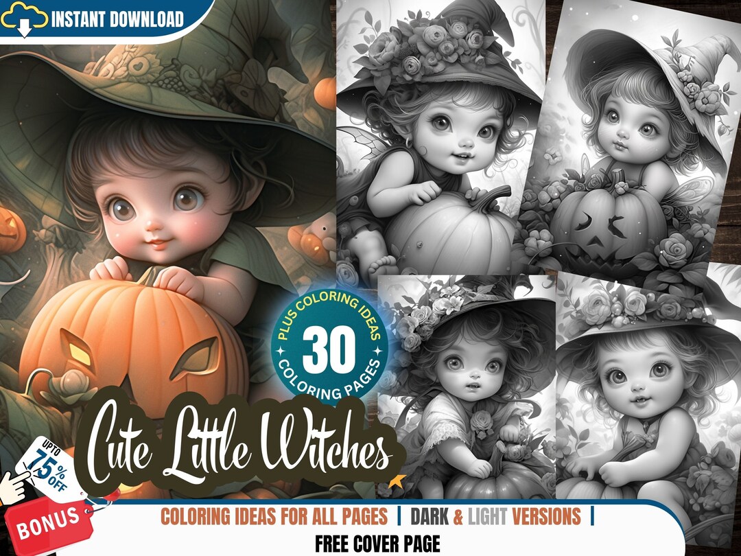 Cute Little Witches - 30 Coloring Pages for Adults and Kids Instant ...