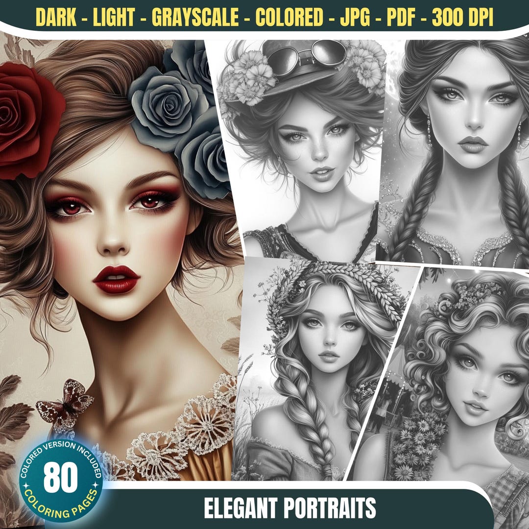 Elegant Portrait : 80 Coloring Pages for Adults and Kids Instant ...