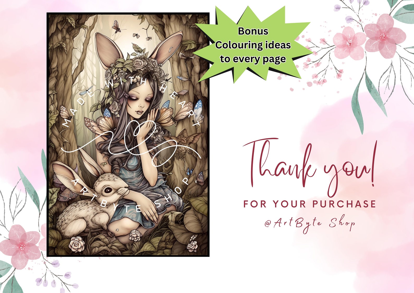 Delicate Forest Fairy Girls Coloring Page With Bunnies for Fantasy ...