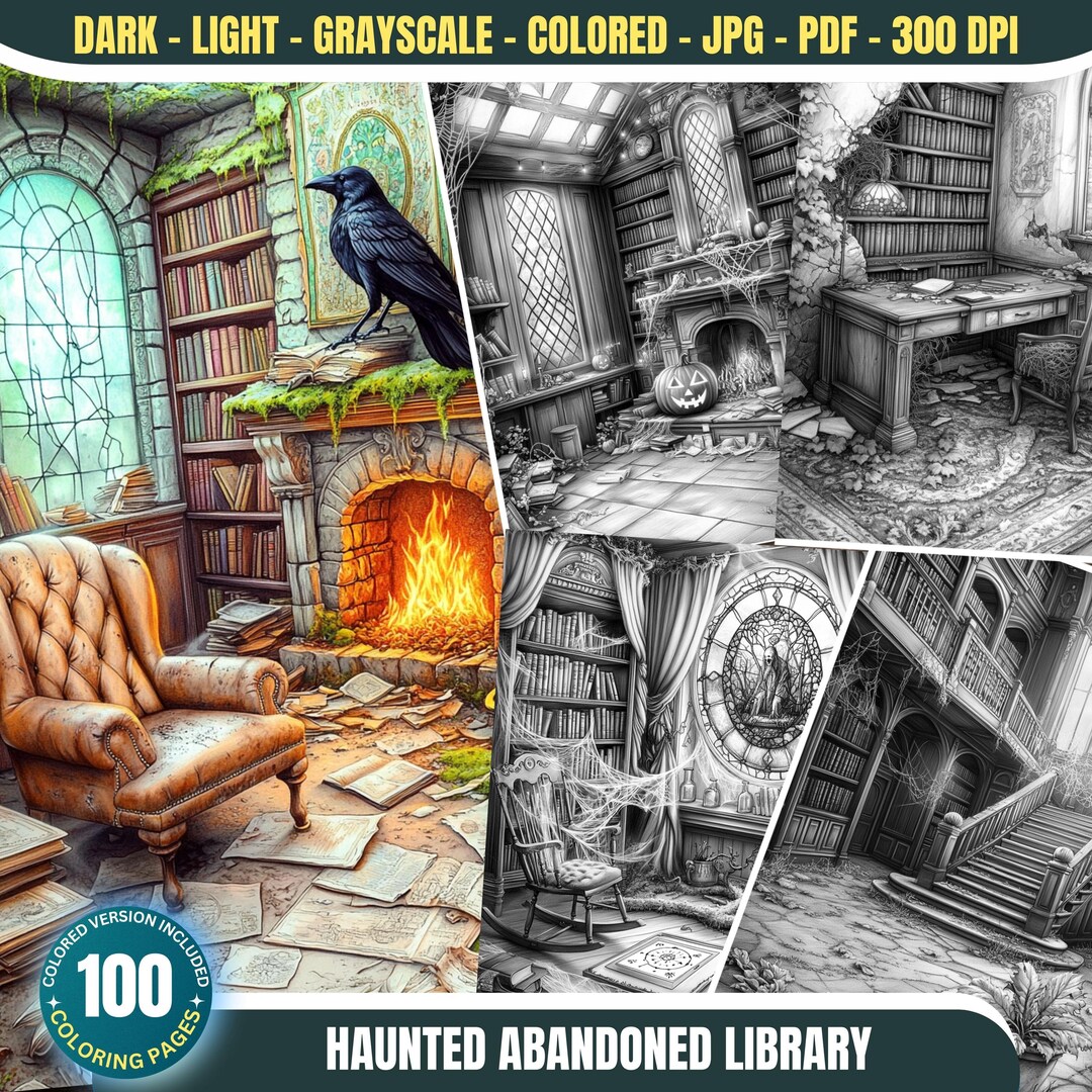 Haunted Abandoned Library: 100 Halloween Coloring Pages for Adults and ...