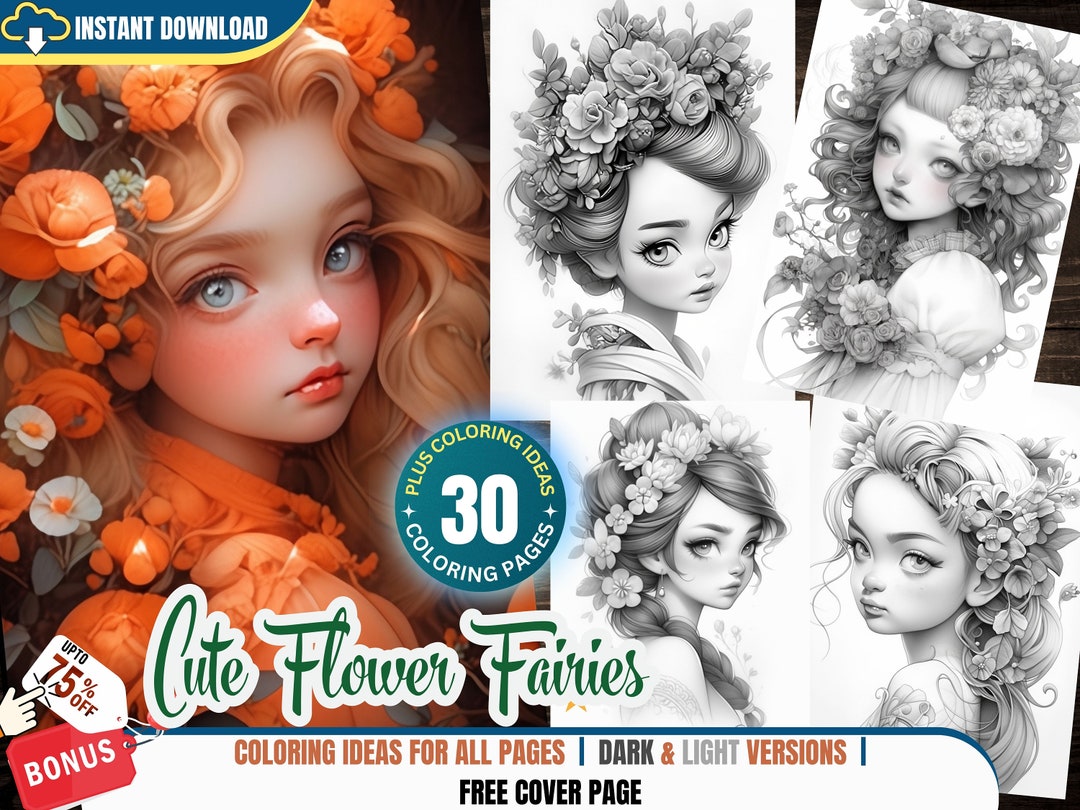 Cute Flower Fairies: 30 Enchanting Coloring Pages for Adults and Kids ...