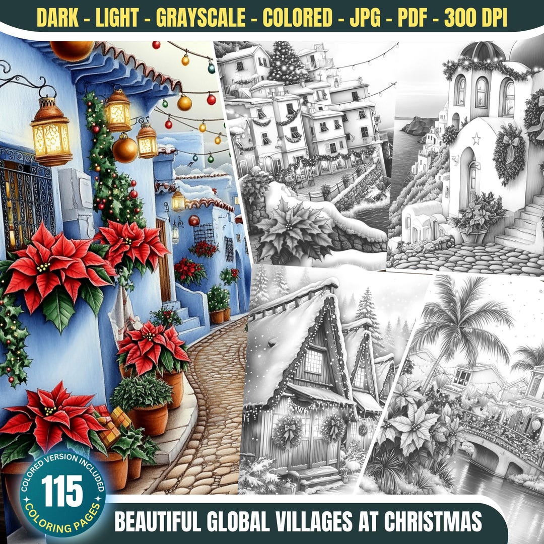 Beautiful Global Villages at Christmas: 115 Coloring Pages for Adults ...
