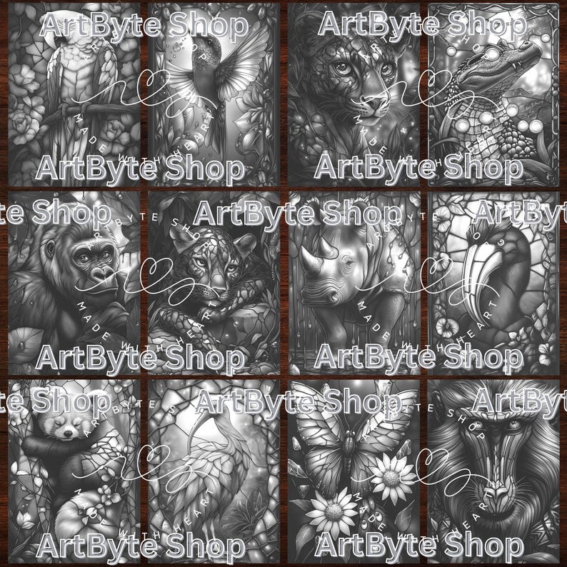 Stained Glass Jungle Animals: 80 Coloring Pages for Adults Grayscale ...