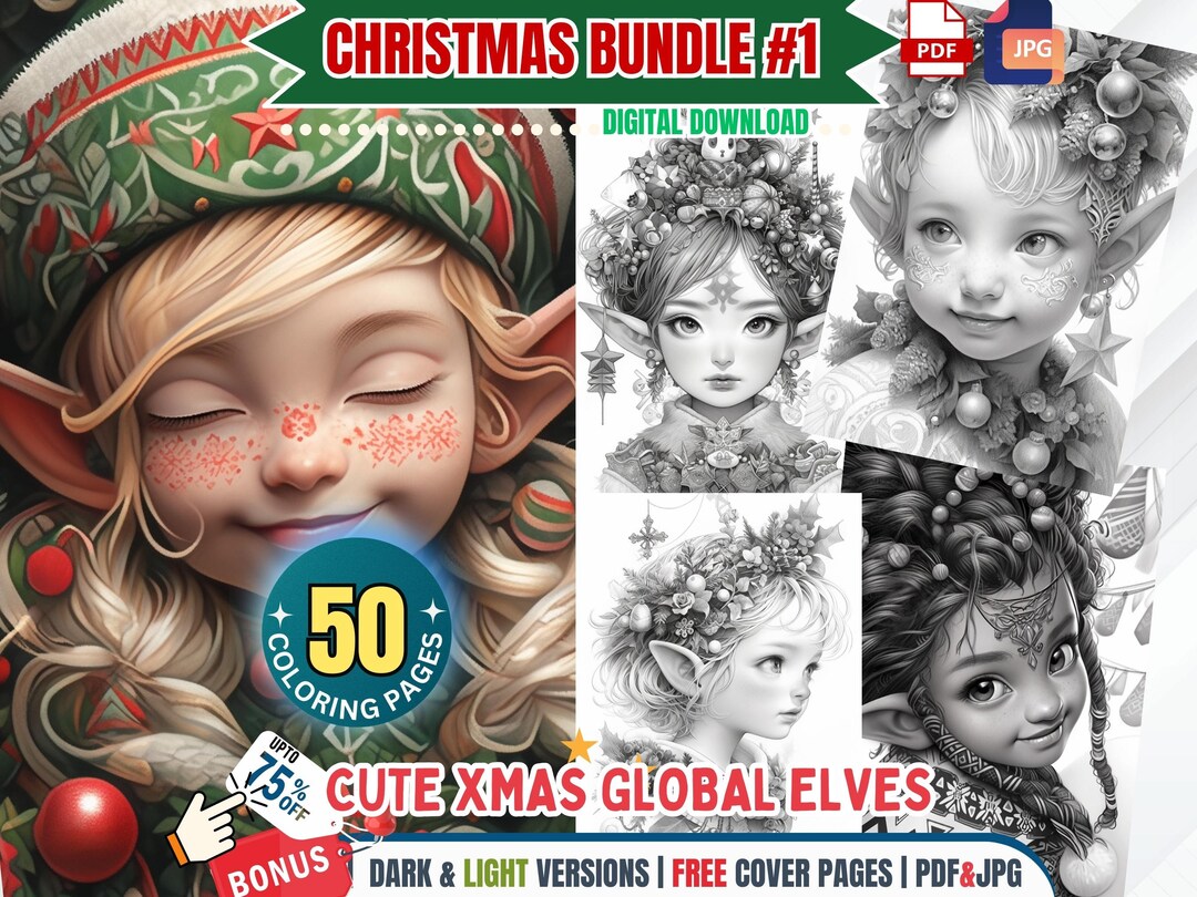 Christmas Bundle 01: Cute Xmas Global Elves - 50 Christmas Coloring ...