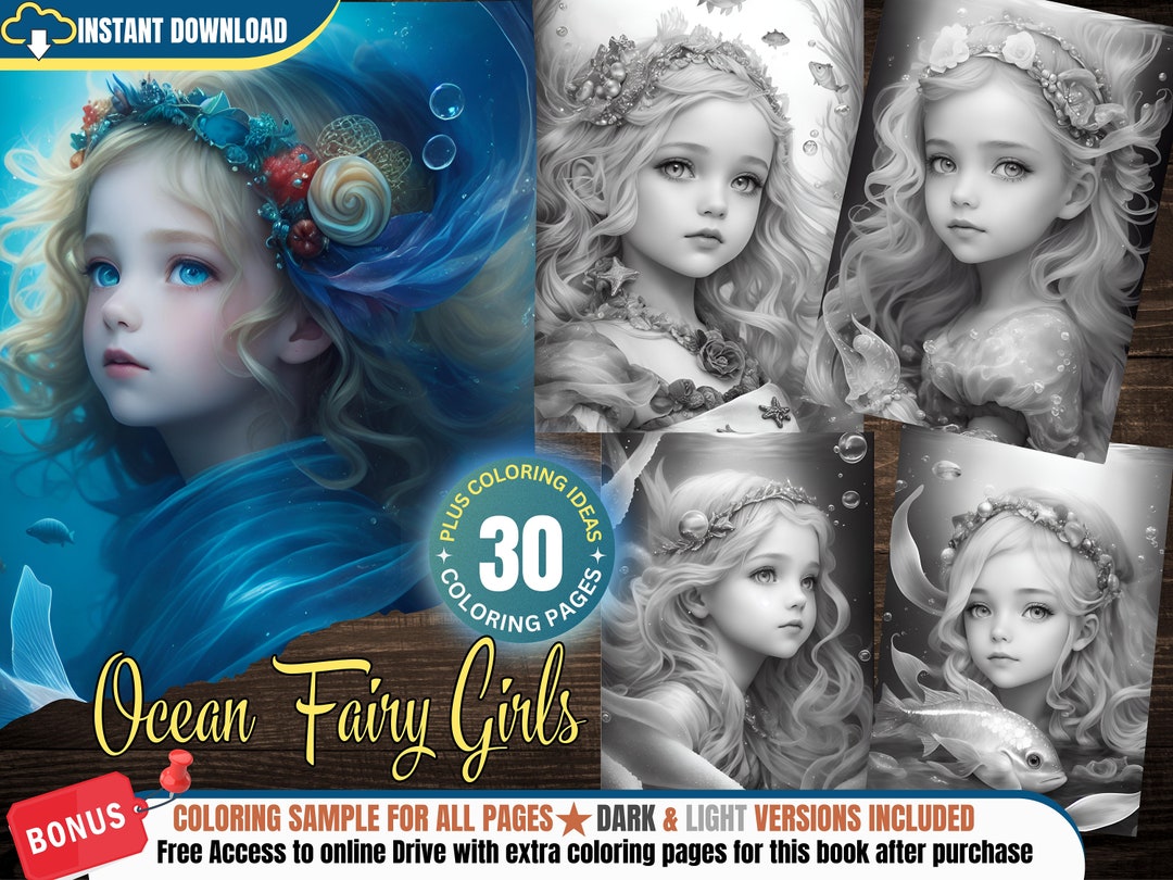 Ocean Fairy Girls Fantasy Anime Coloring Page for Adults + Kids Instant ...