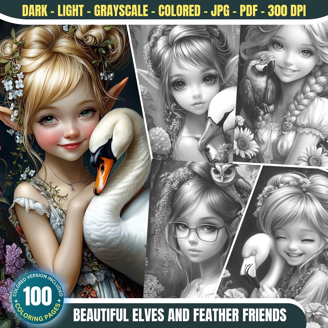 Beautiful Elves and Feather Friends:100 Coloring Pages for Adults ...