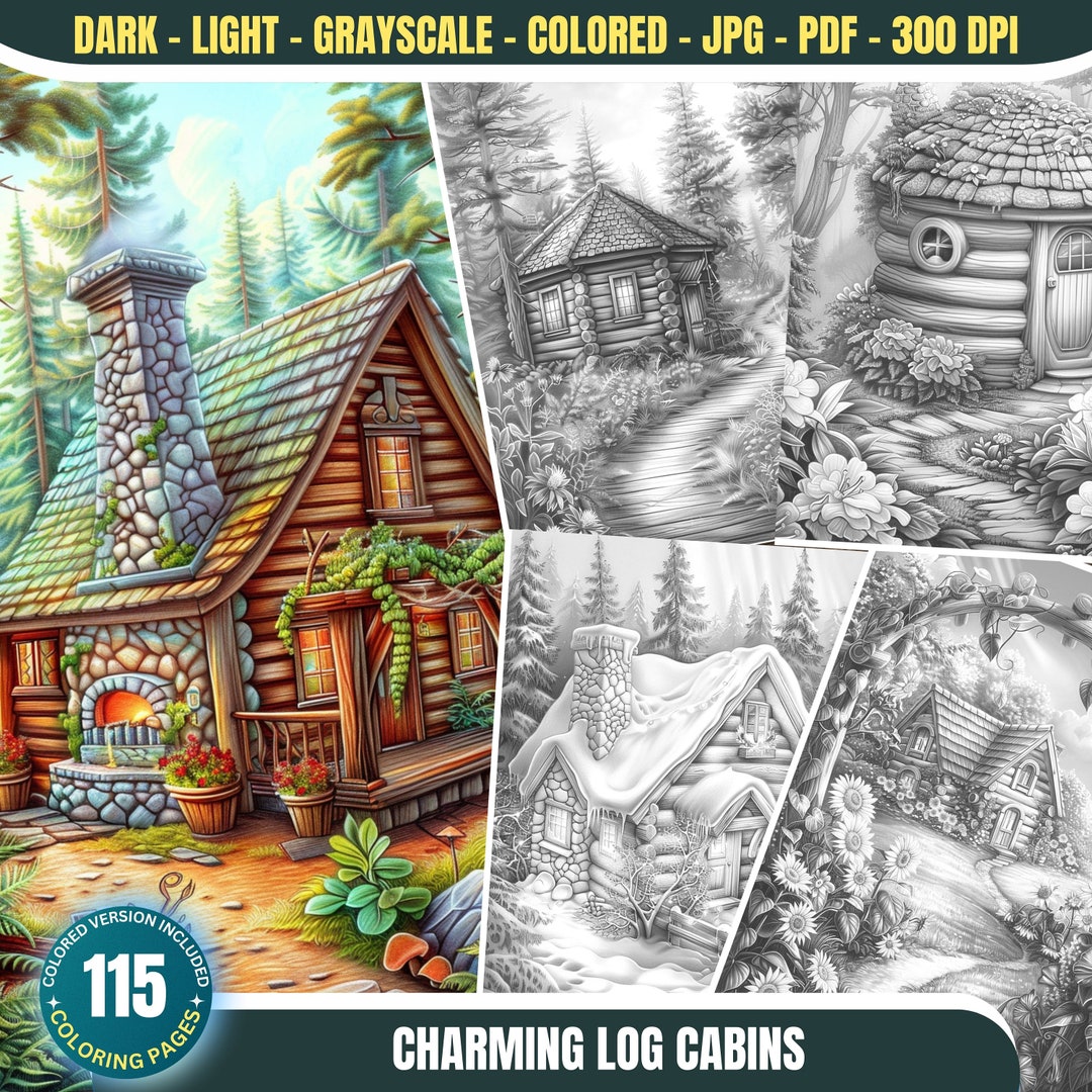 Charming Log Cabins: 115 Coloring Pages for Adults and Kids Instant ...