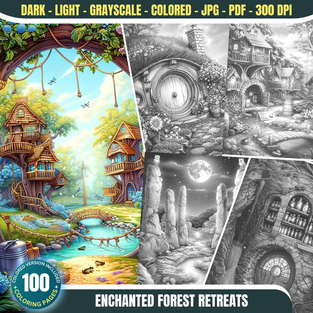 Enchanted Forest Retreats: 100 Coloring Pages for Adults and Kids ...