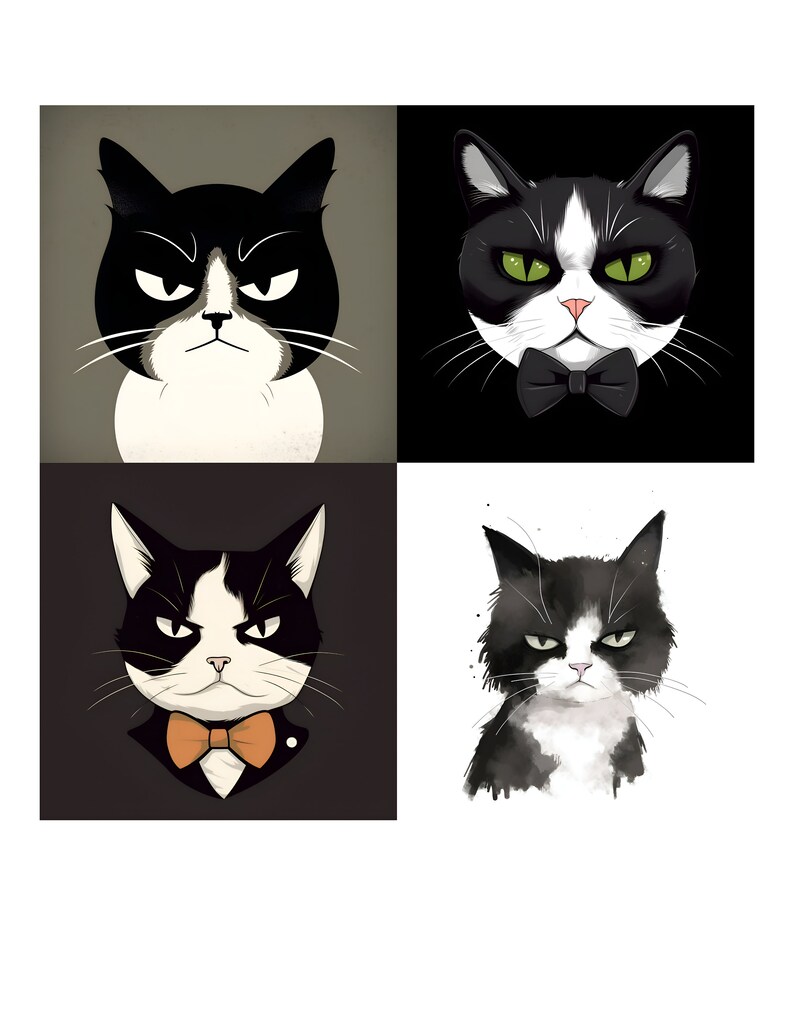 12 Grumpy Cats Clipart, Sad Angry Tuxedo Kitten, Digital Post Card ...