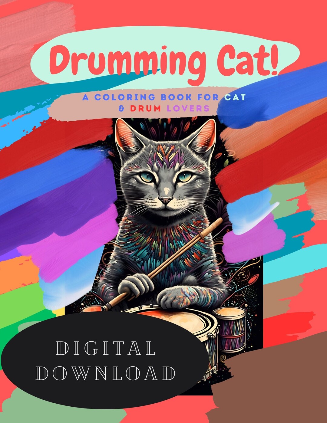 Drumming Cat! A Coloring Book for Cat & Drum Lovers, 28 Mandala Cat ...
