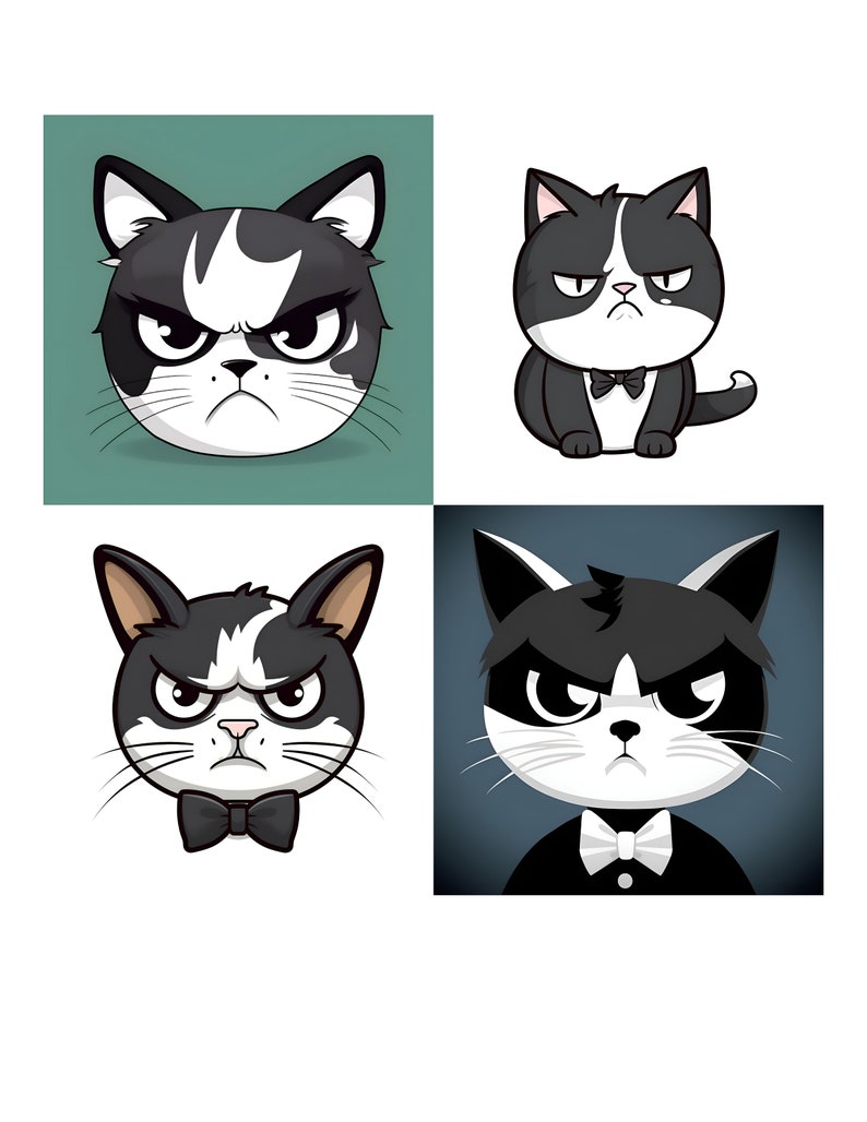 12 Grumpy Cats Clipart, Sad Angry Tuxedo Kitten, Digital Post Card ...