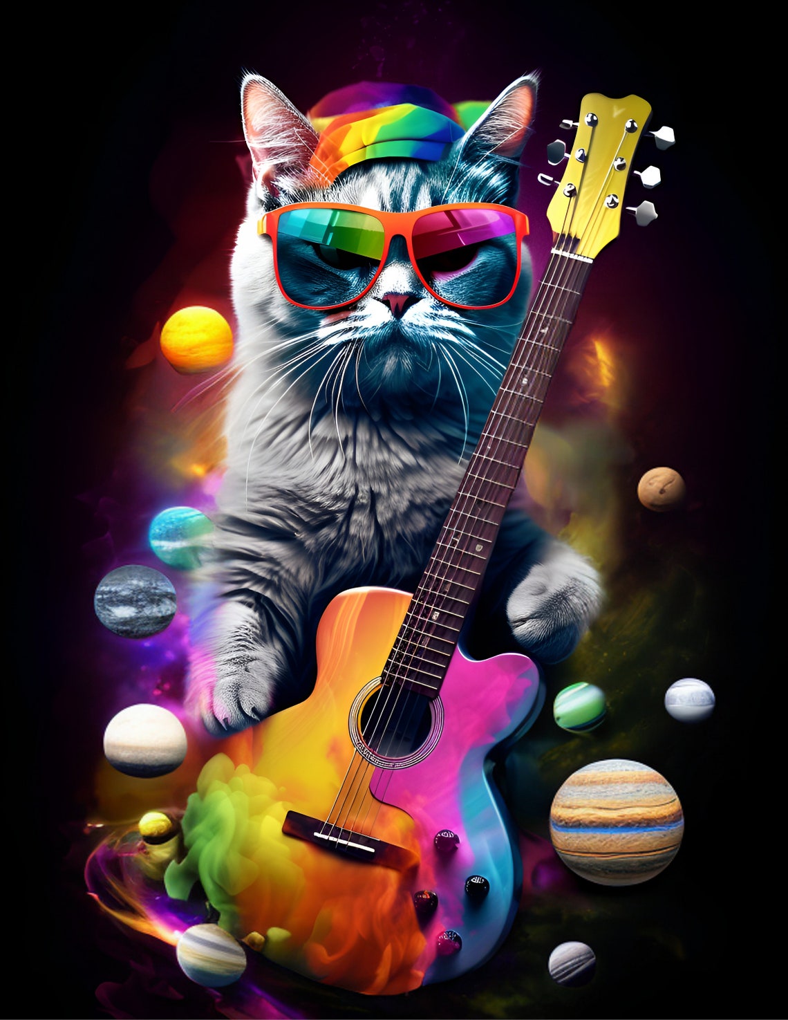 Cool Rock Guitar Cats Clipart, Digital Post Card/sticker, Sunglasses ...